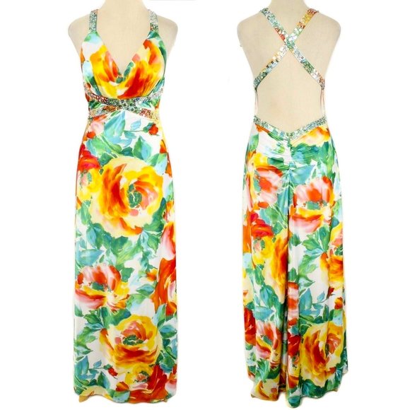 Morgan & Co. | Dresses | Morgan Co Colorful Floral Satin Open Back ...